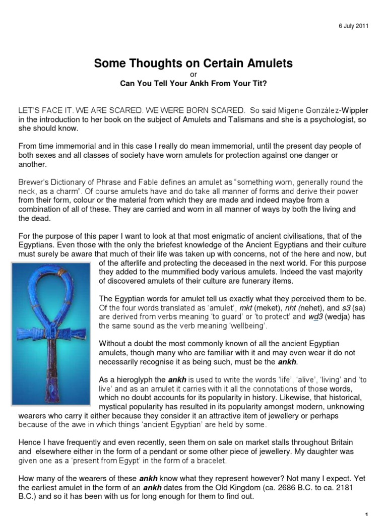 Some Thoughts On Certain Amulets | PDF | Egyptian Hieroglyphs | Amulet