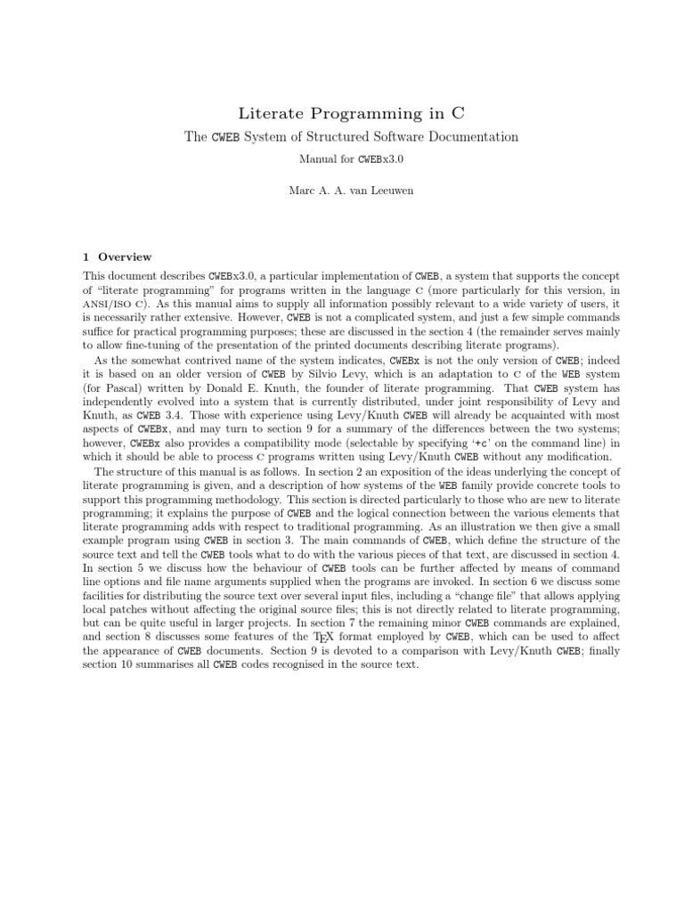 Literate Programming in C: The CWEB System of Structured Software Documentation | PDF ...