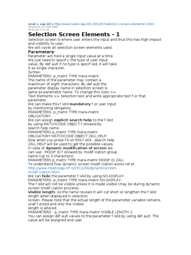 A Comprehensive Guide to Selection Screen Elements and Parameters in SAP ABAP | PDF | Parameter ...