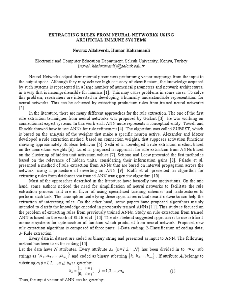 Extracting Rules From Neural Networks Using Artificial Immune Systems Novruz Allahverdi, Humar ...