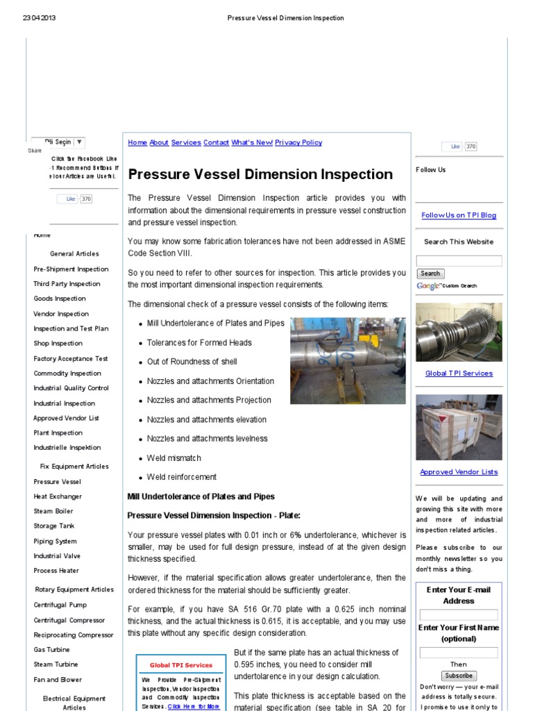 Pressure Vessel Dimension Inspection | PDF | Engineering Tolerance ...