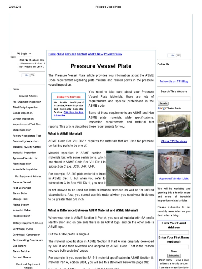 Requirements for Pressure Vessel Plate Materials According to ASME Code ...