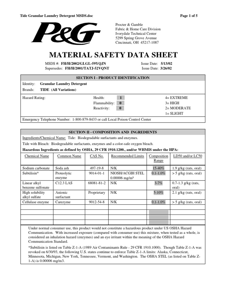 Tide Granular MSDS | PDF | Waste Management | Surfactant