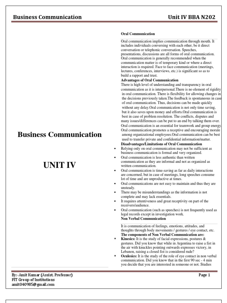 Lecture Notes Business Communication Unit IV BBA | PDF | Nonverbal ...