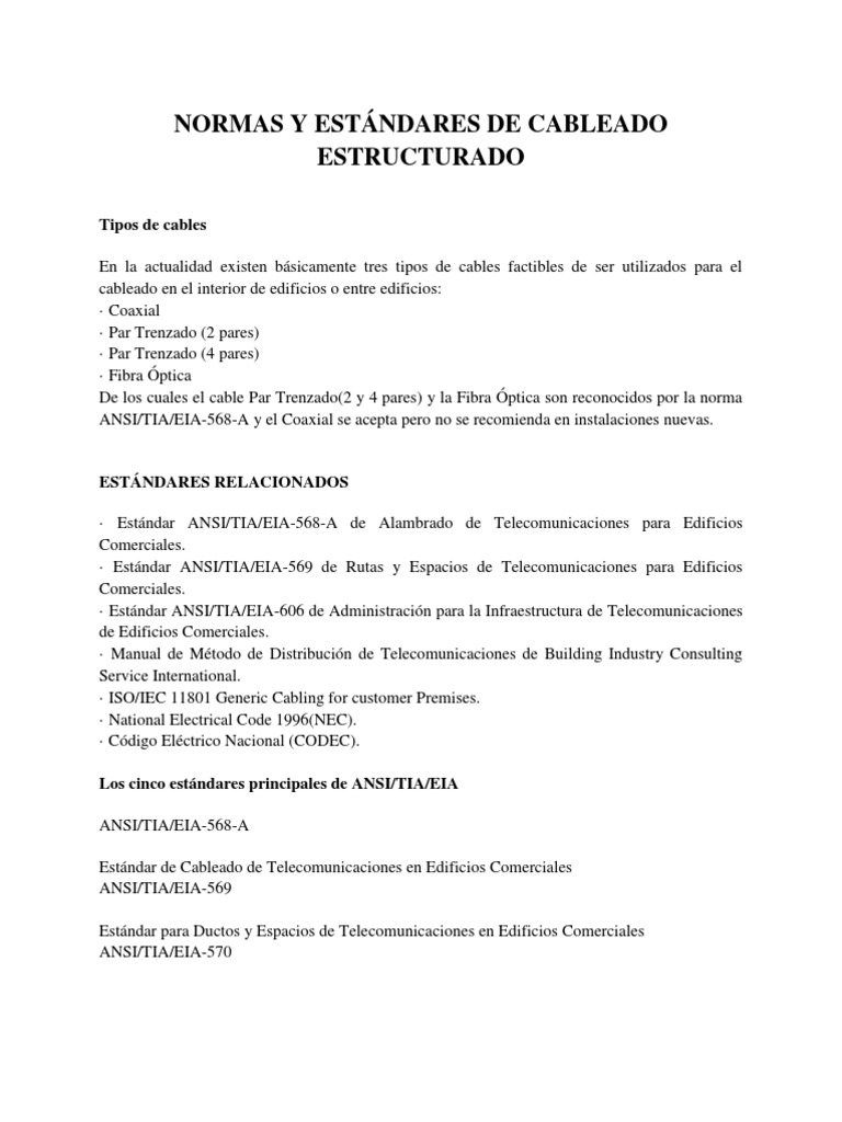 NORMAS Y ESTÁNDARES DE CABLEADO ESTRUCTURADO | PDF | Electromagnetismo ...
