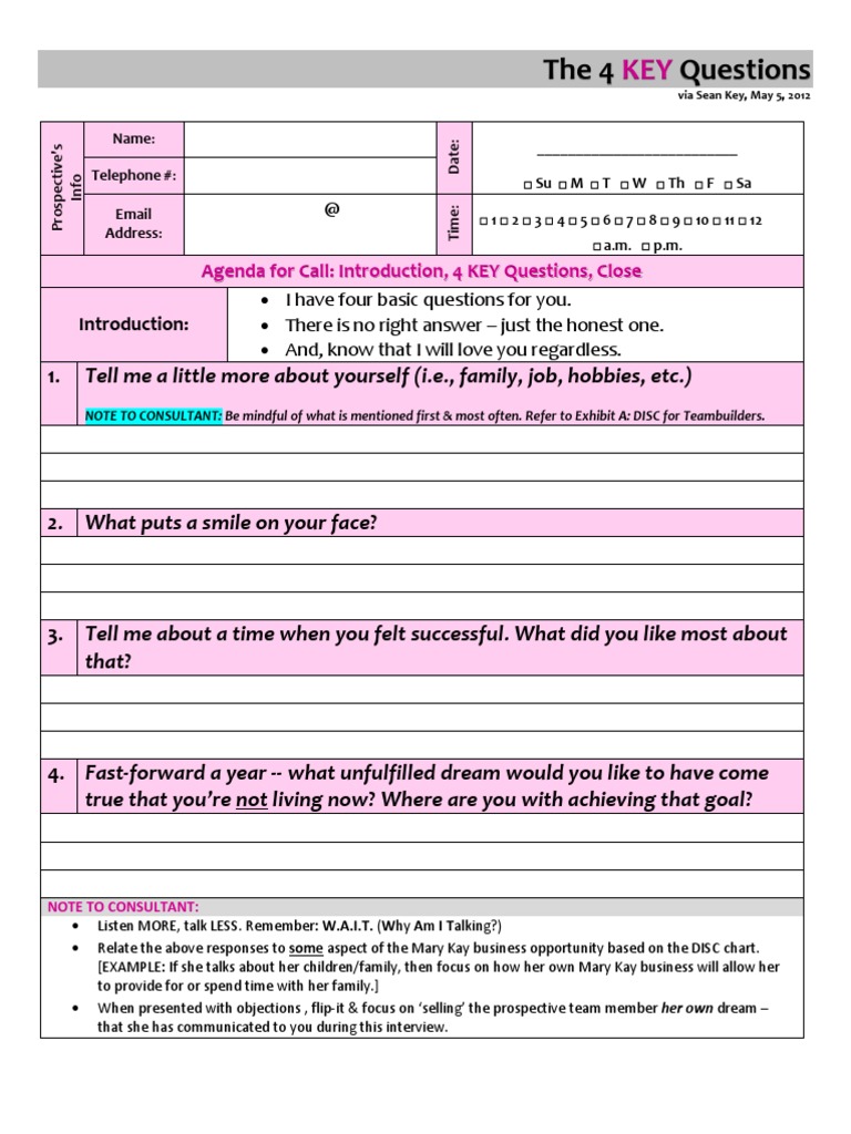 Mary Kay Four Key Questions - Via Sean Key | PDF | Psychological ...