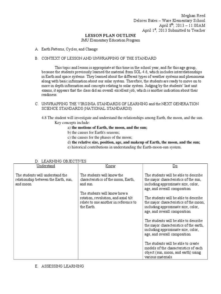Earth-Moon-Sun Relationship Lesson Plan | PDF | Educational Assessment ...