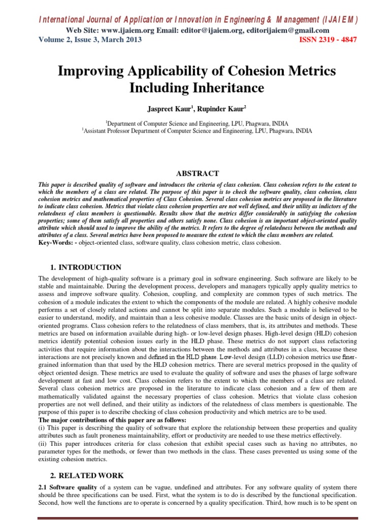 Improving Applicability of Cohesion Metrics Including Inheritance | PDF | Software Quality ...