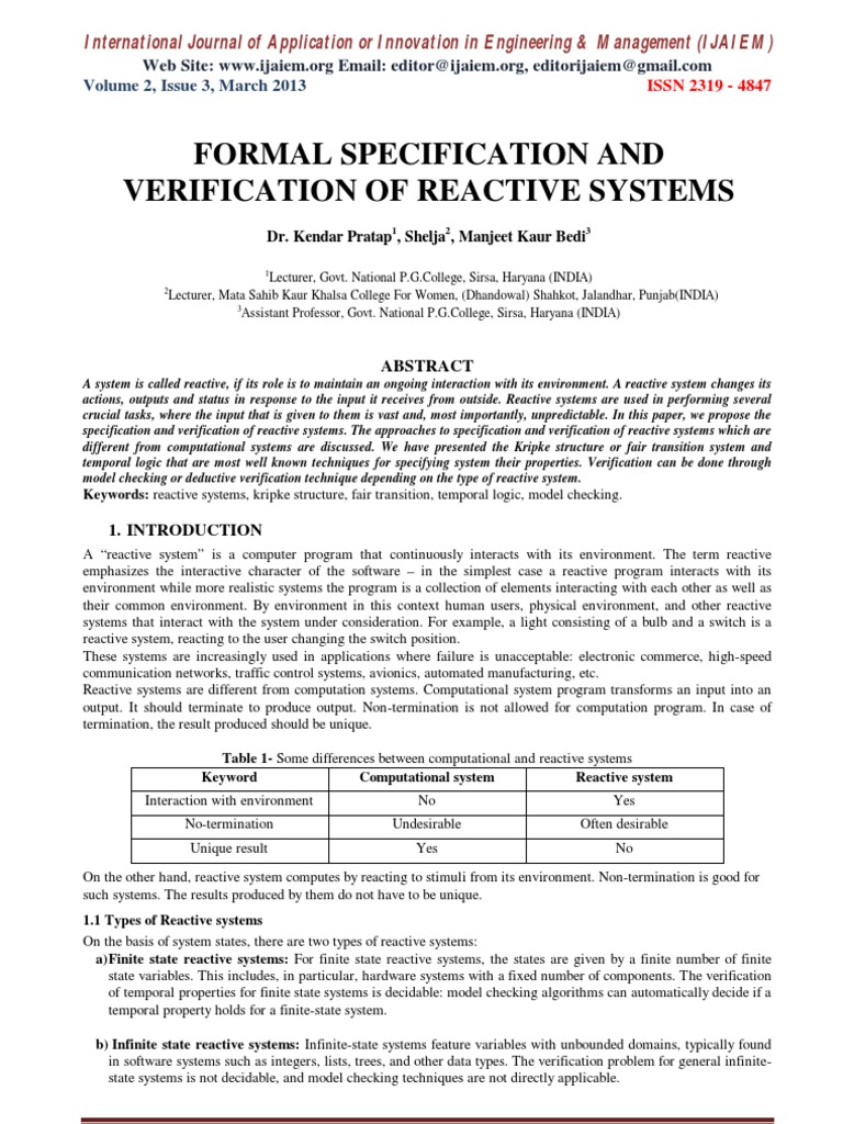 Formal Specification And Verification Of Reactive Systems Formal Verification Theorem Free