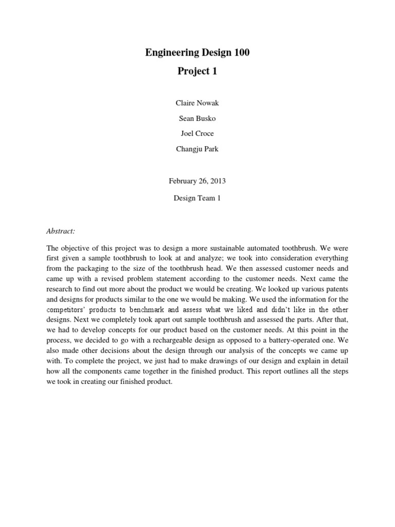 Engineering Design 100 Project 1 | PDF | Toothbrush | Engineering ...