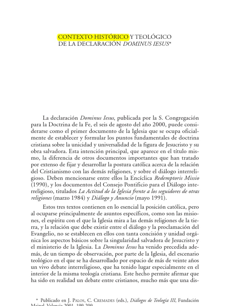 Contexto Histórico y Teológico de La Declaración Dominus Iesus PDF ...