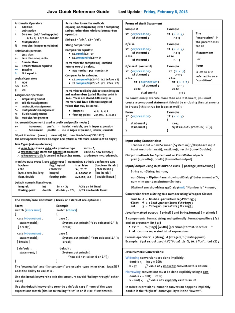 Java Quick Reference Guide | PDF | Data Type | Control Flow