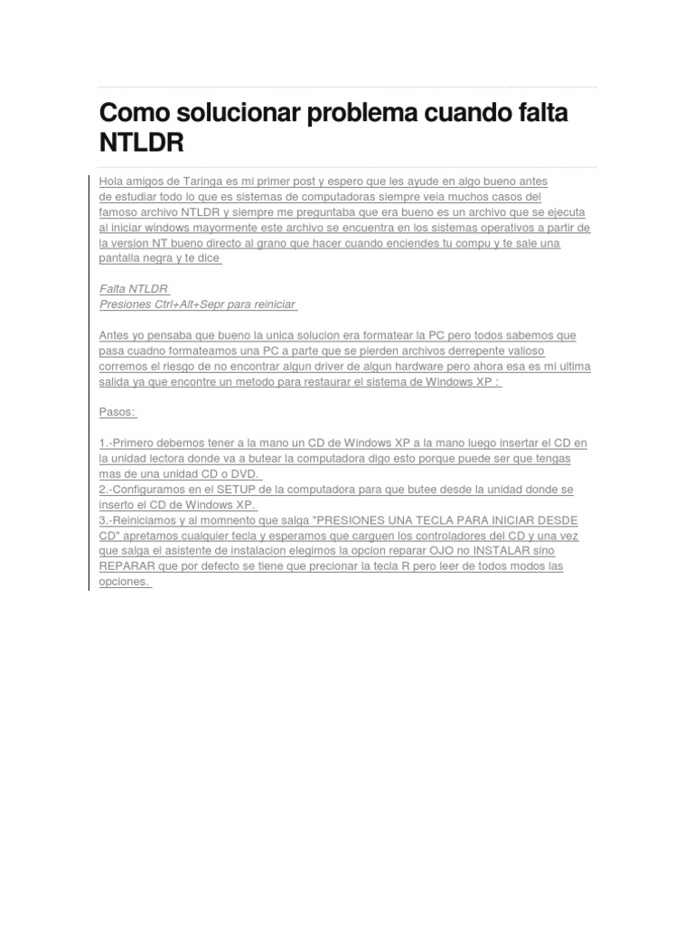 Como Solucionar Problema Cuando Falta NTLDR | PDF | Microsoft Windows | Windows XP