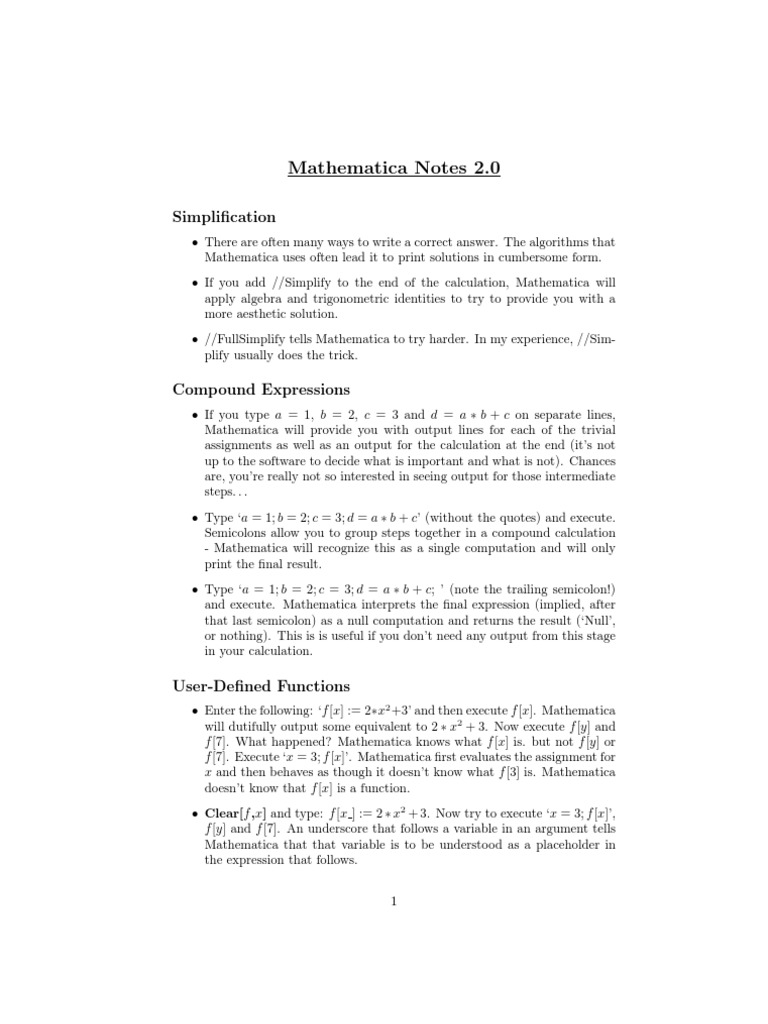 Mathematica Notes 2.0: Simplification | PDF | Equations | Derivative