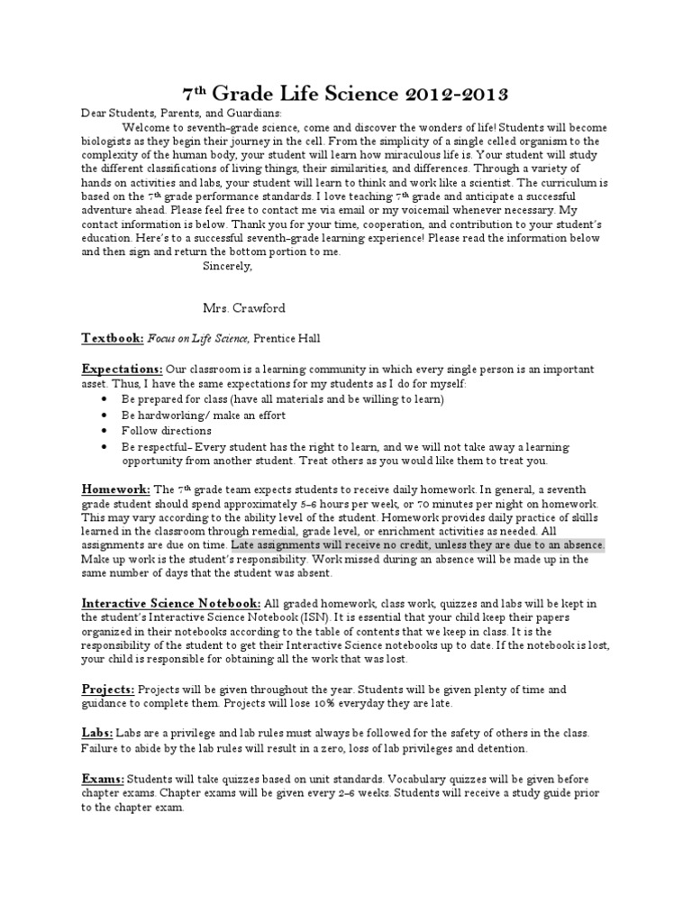 7th Grade Life Science Overview 2012-2013 | PDF | Notebook | Homework