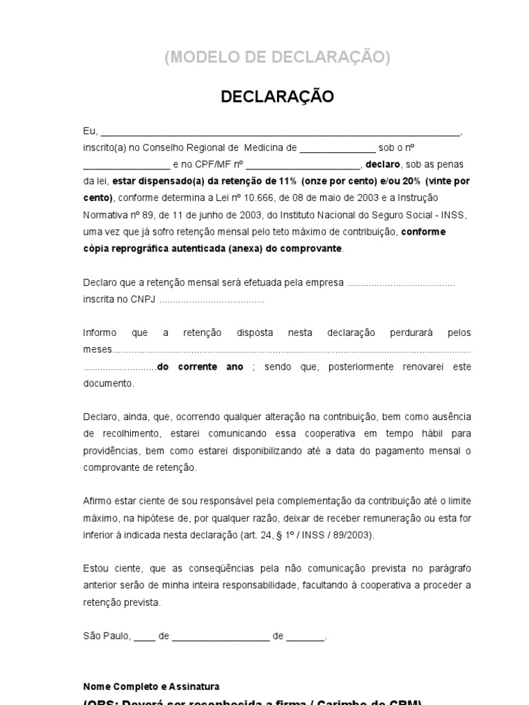 MODELO DE DECLARAÇÃO INSS