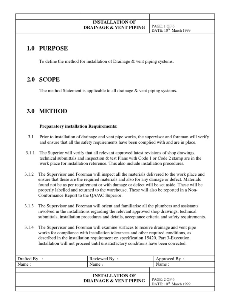 Method Statement For Drainage & Vent Piping | PDF | Pipe (Fluid ...