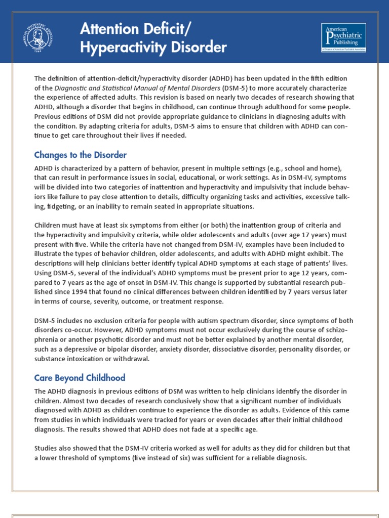 DSM 5 Adhd Fact Sheet | PDF | Dsm 5 | Attention Deficit Hyperactivity ...