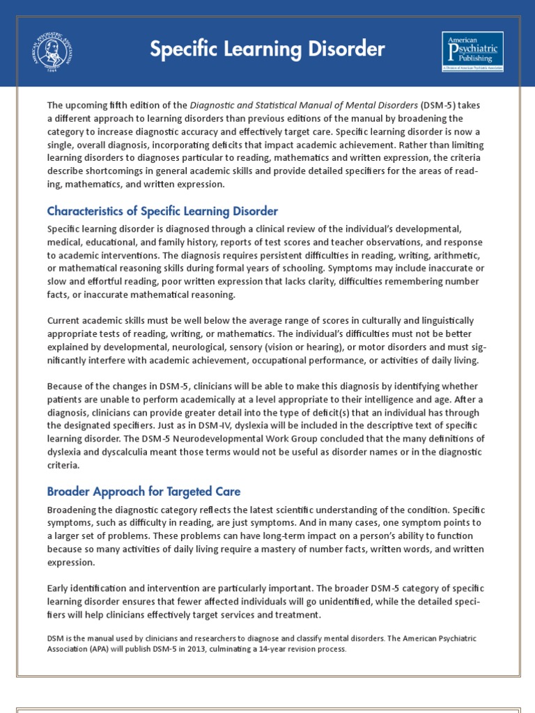 Dsm 5 Specific Learning Disorder Fact Sheet | Learning Disability | Dsm 5