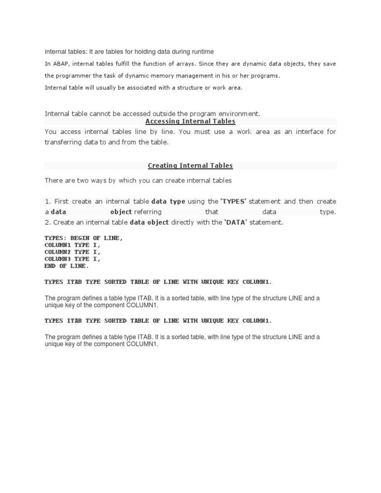 Creating ABAP Internal Tables Guide | PDF