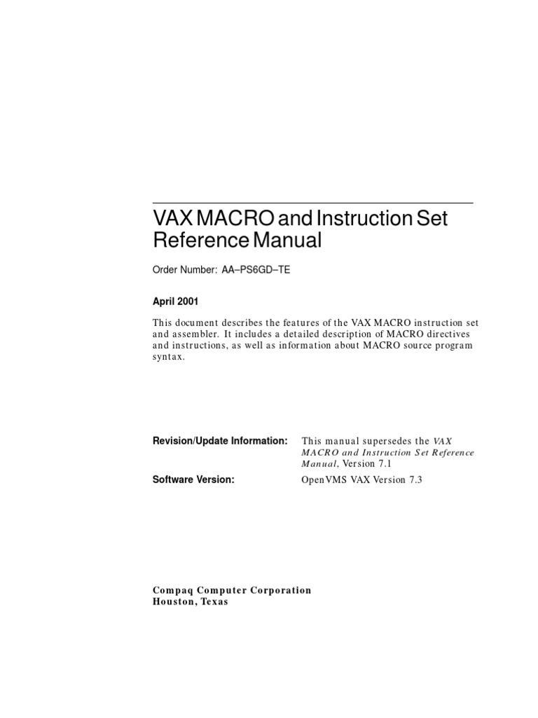 VAX MACRO and Instruction Set Reference Manual | PDF | Integer (Computer Science) | Central ...