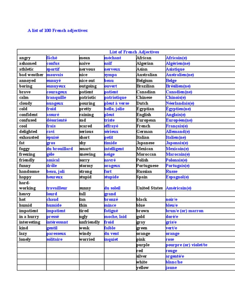 A List of French Adjectives | PDF