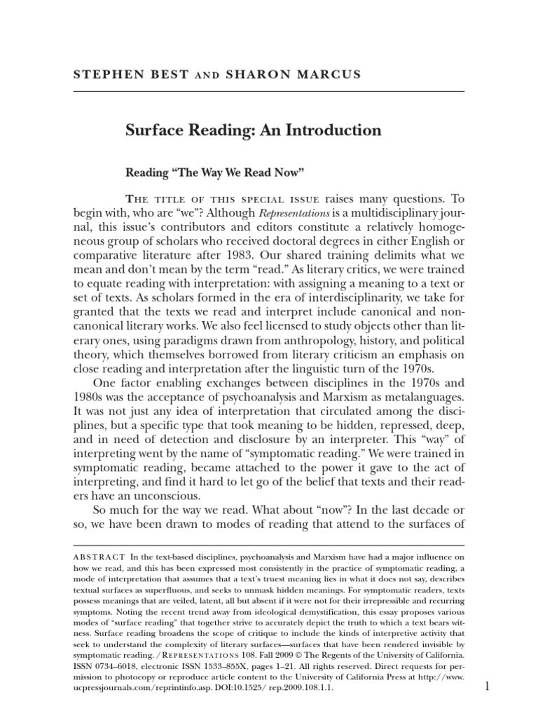 Stephen Best and Sharon Marcus - Surface Reading: An Introduction ...