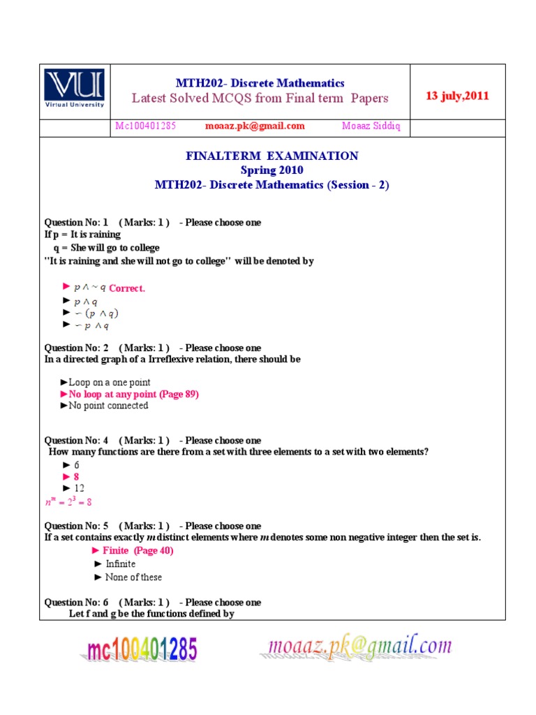 Mth202-Final Term Solved MCQS PDF | PDF | Matrix (Mathematics) | Vertex (Graph Theory)
