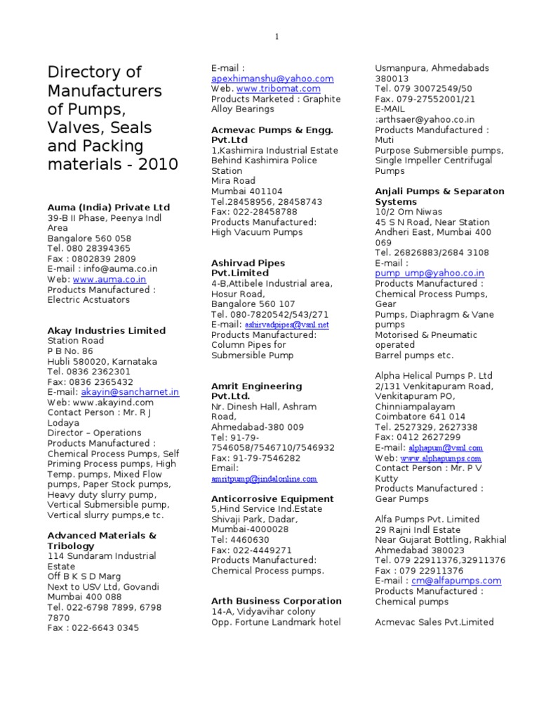 India Manufacturers Directory: Pumps & Valves | PDF | Business ...