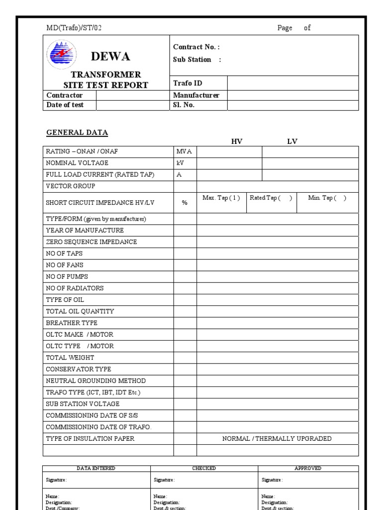 DEWA Power Transformer Site Test Report Format | Transformer | Carbon ...