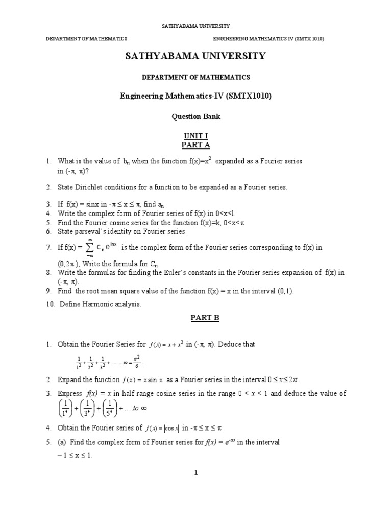 Engineering Mathematics IV Question Bank | PDF | Fourier Series | Fourier Transform