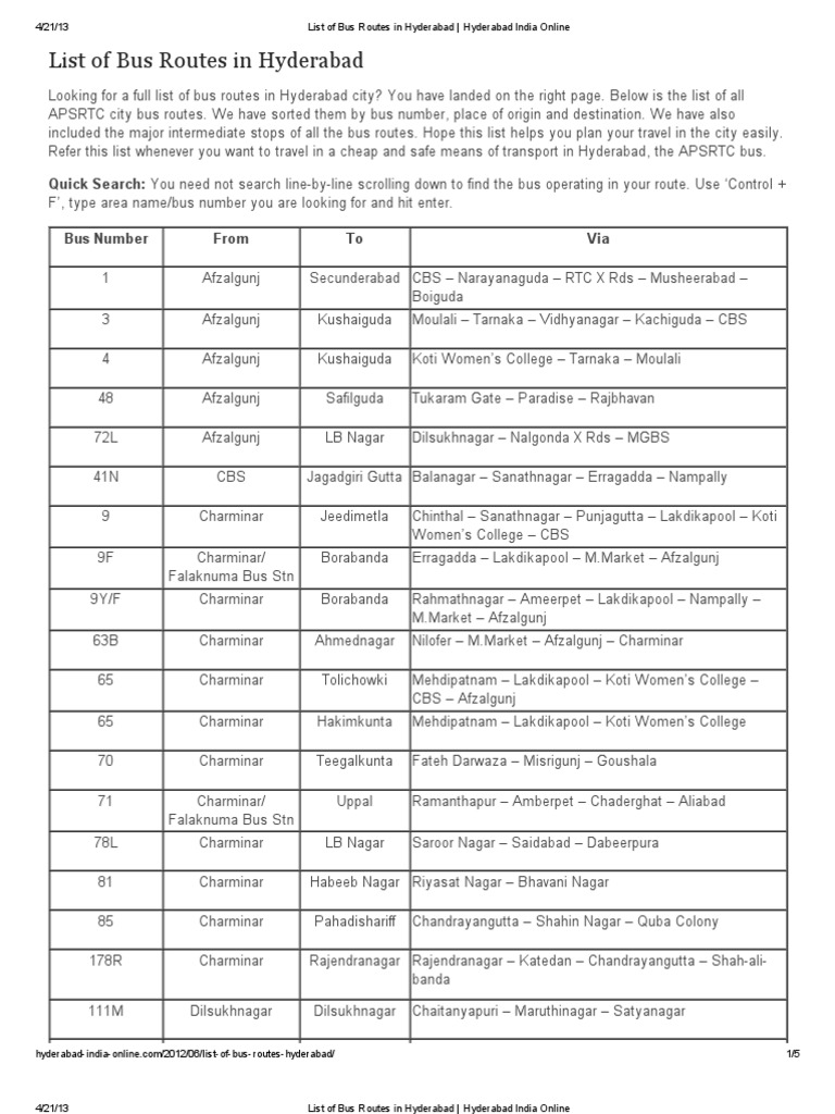 Hyderabad Bus Routes and Numbers List | PDF | States And Territories Of ...