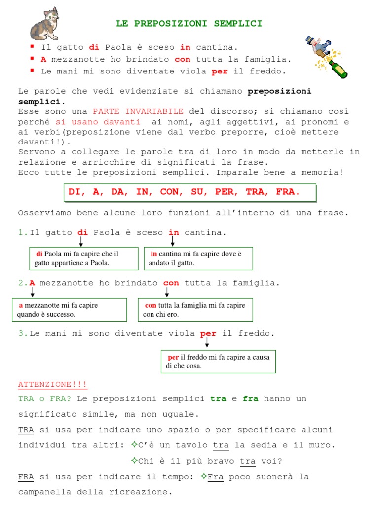 Le Preposizioni Semplici: Di, A, Da, In, Con, Su, Per, Tra, Fra