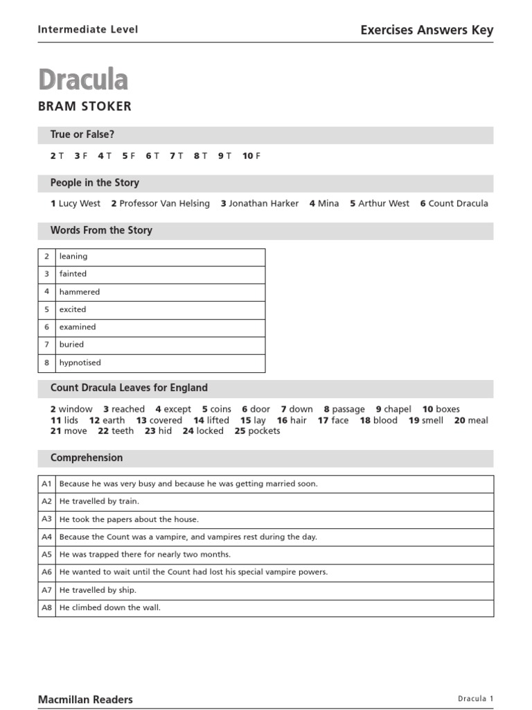 Key to Understanding Dracula: Exercise Answers and Comprehension ...