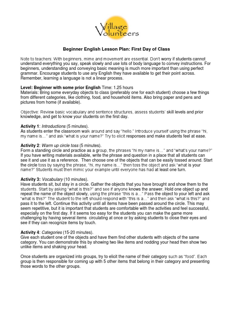 Beginner ESL Lesson Plan Overview | PDF
