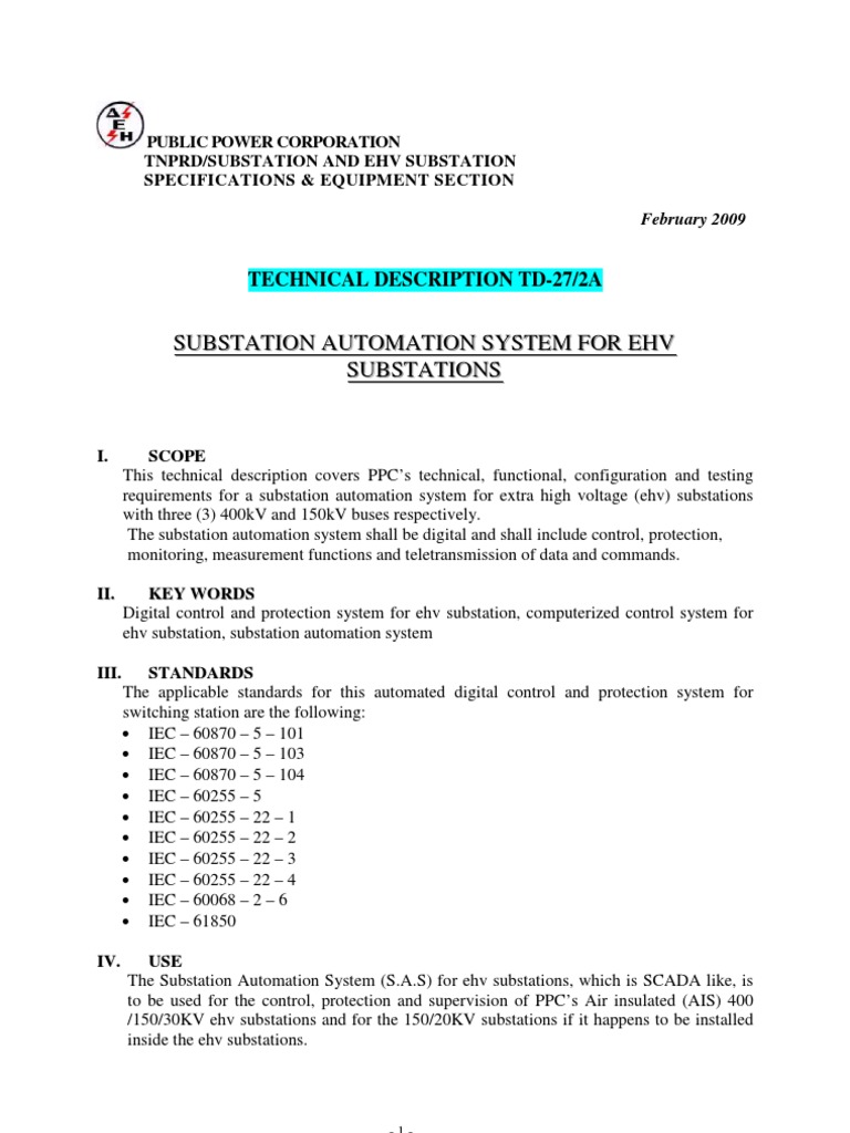 EHV Substation Automation Specifications | PDF | Electrical Substation ...
