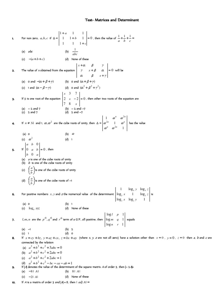 Matrices and Determinant-Test | PDF | Determinant | Matrix (Mathematics)