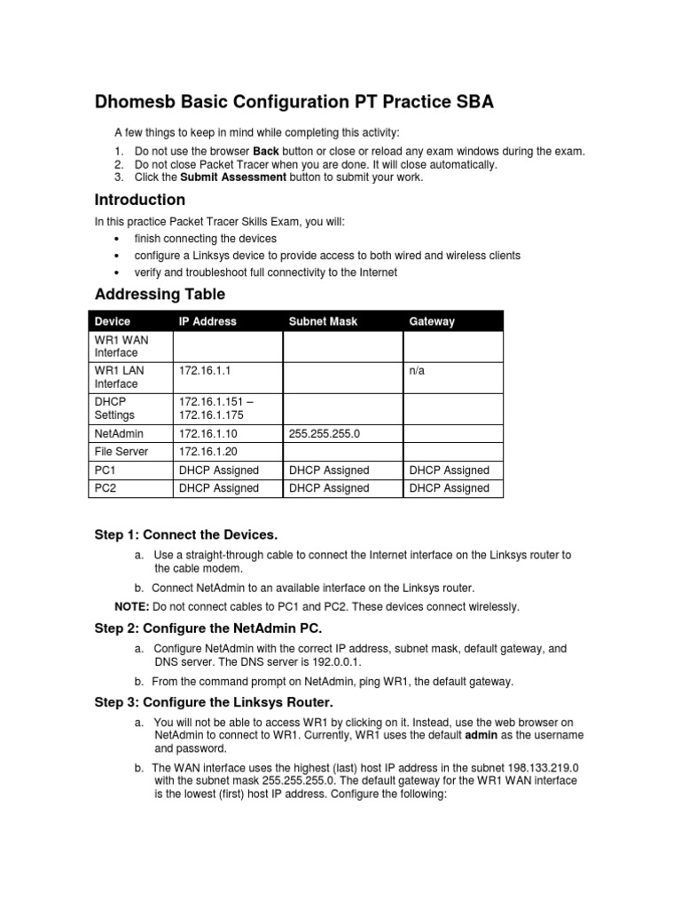 Dhomesb Basic Configuration PT Practice SBA | PDF | Ip Address | Router (Computing)