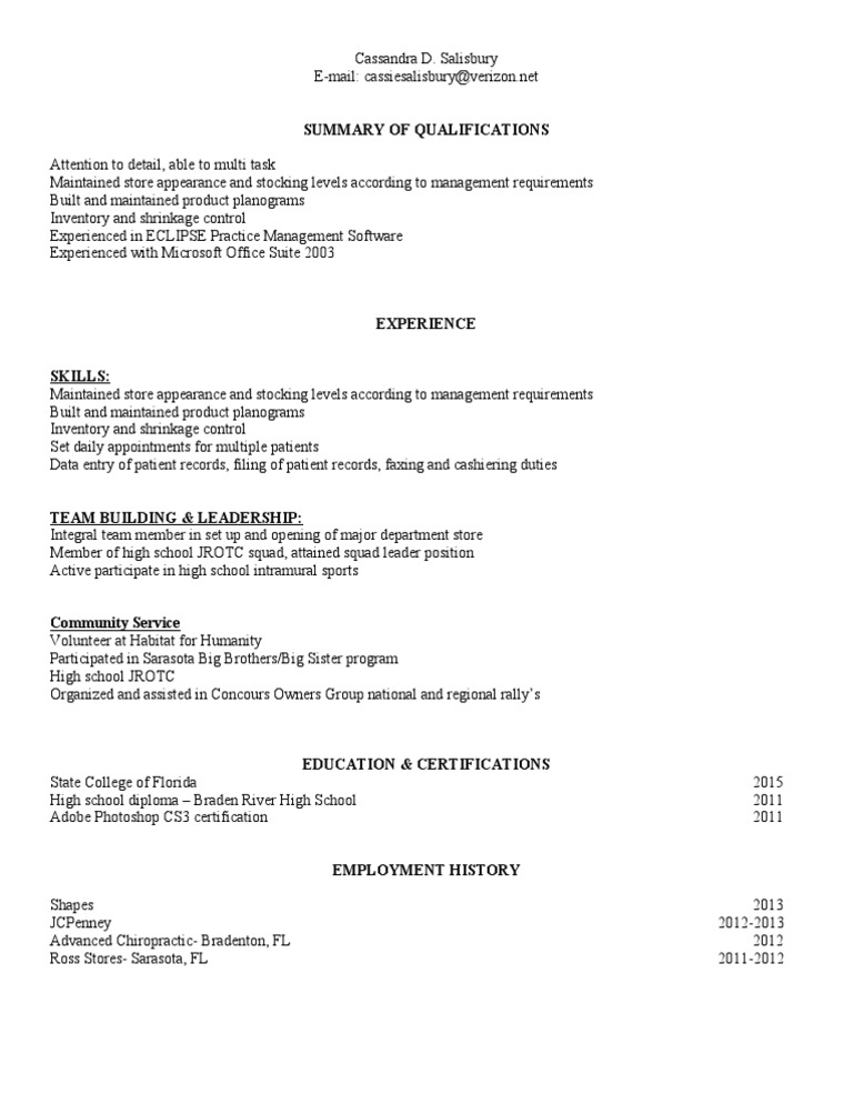 Cassandra Salisbury Resume | PDF | Career & Growth | Business