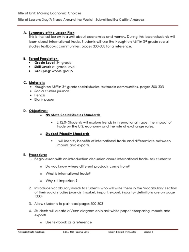 EDEL453 Spring2013 CaitlinANDREWS Unit 4 Economics Day7 | PDF | Lesson ...
