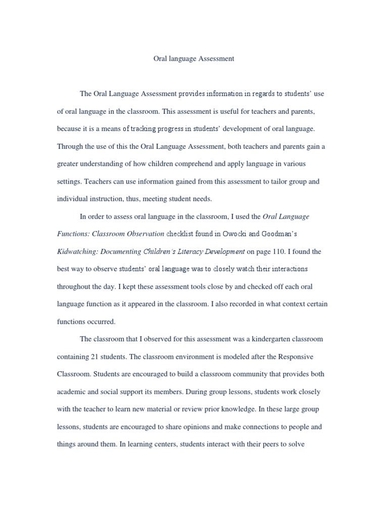 Oral Language Assessment in Kindergarten | PDF | Educational Assessment ...