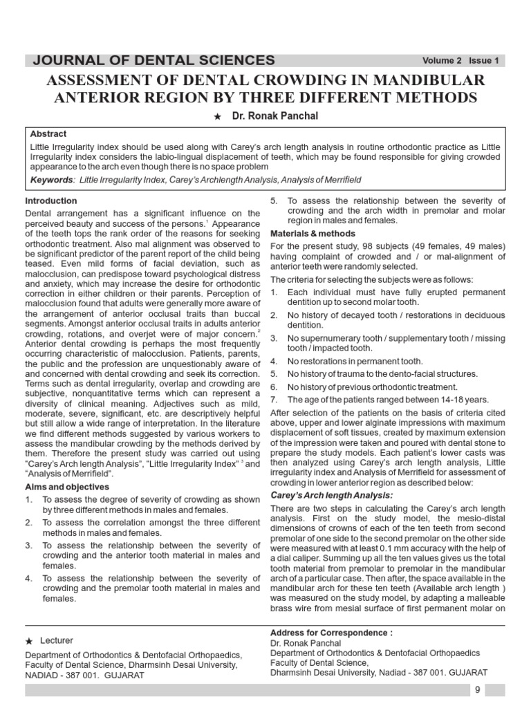 2.assessment of Dental Crowding in Mandibular Anterior Region by Three ...