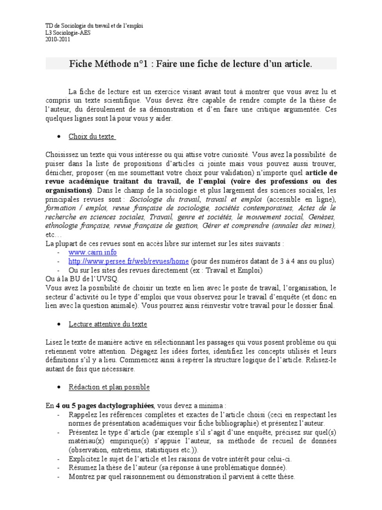 Méthode: Fiche de Lecture | PDF | Sociologie | Lecture (Processus)
