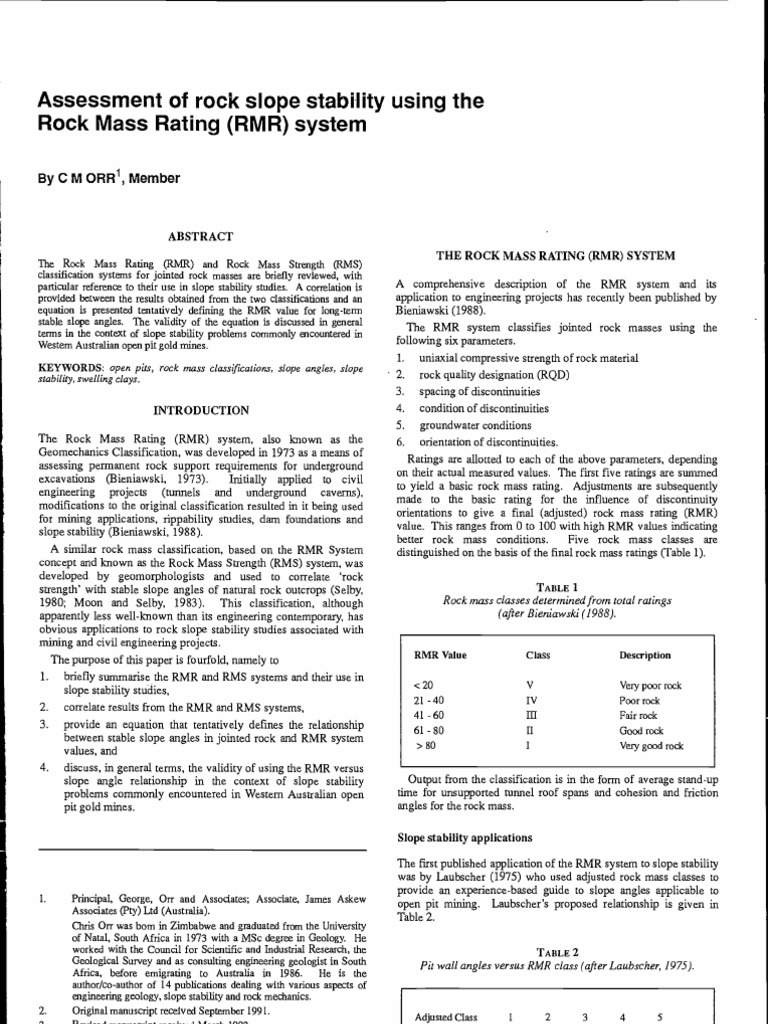Assessment of Rock Slope Stability Using The Rock Mass Rating (RMR) System | PDF | Earth ...