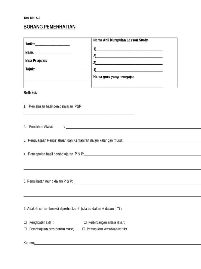 Lesson Study Borang Pencerapan-1 | PDF
