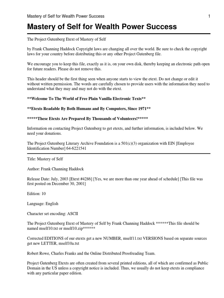 Mastery of Self For Wealth Power Success by Frank Channing Haddock ...