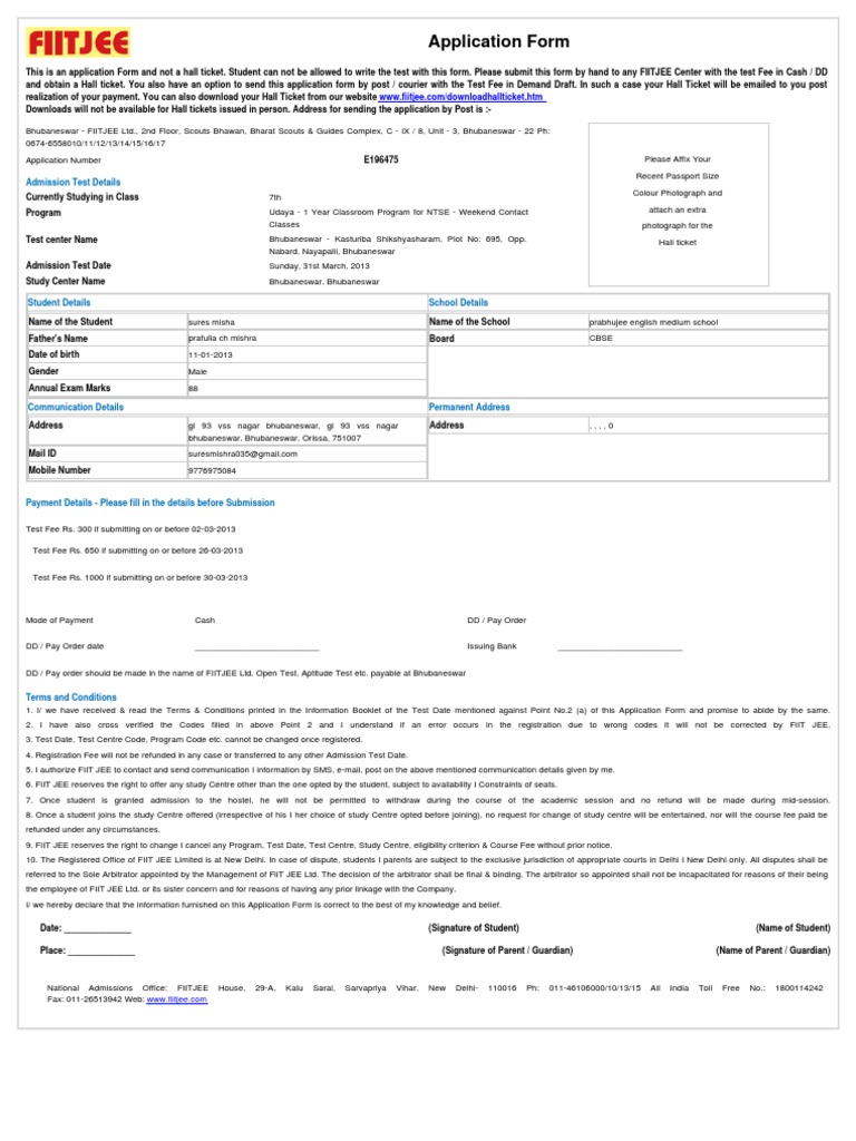 FIITJEE Application Form | PDF | University And College Admission ...