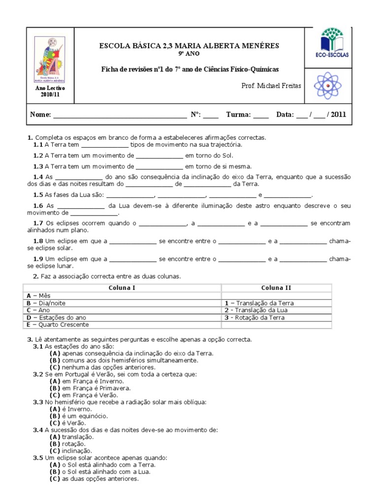 Ficha de Trabalho Nº1-7ºano | PDF | Eclipse | Lua