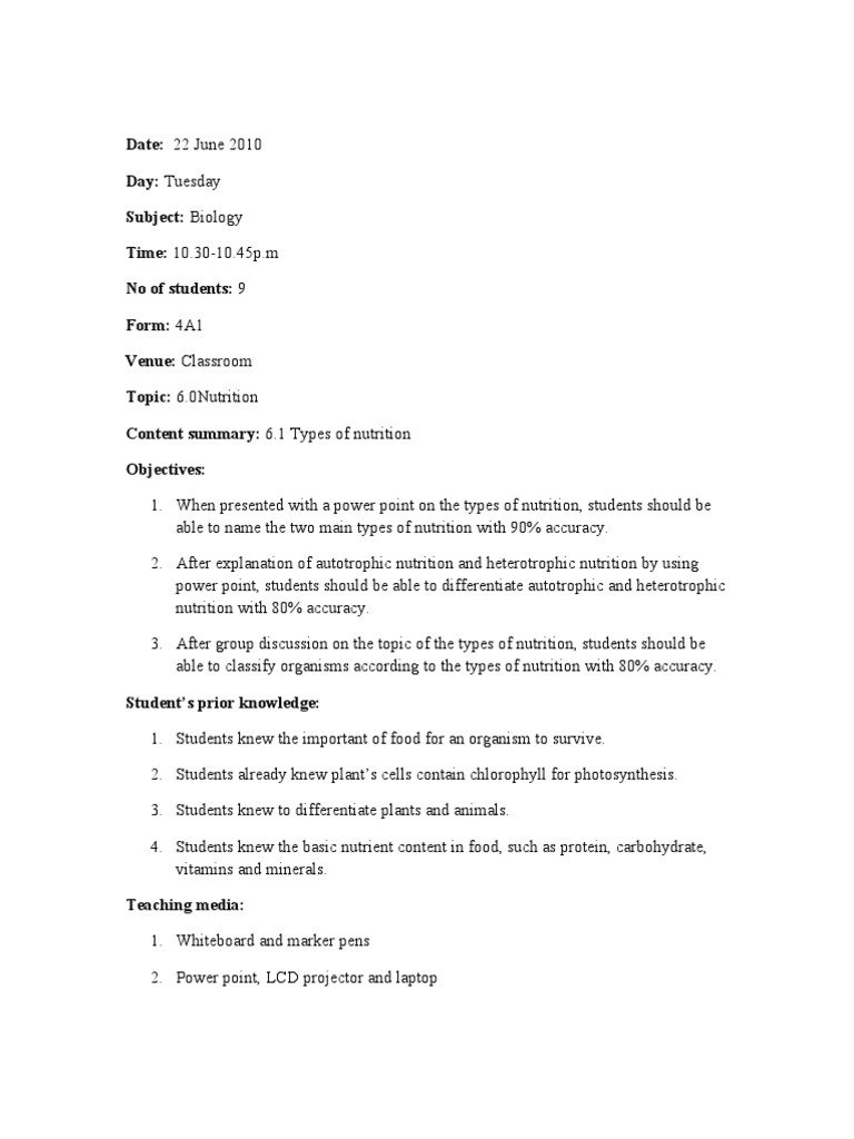 Lesson Plan Nutrition | PDF | Nutrition | Diet & Nutrition