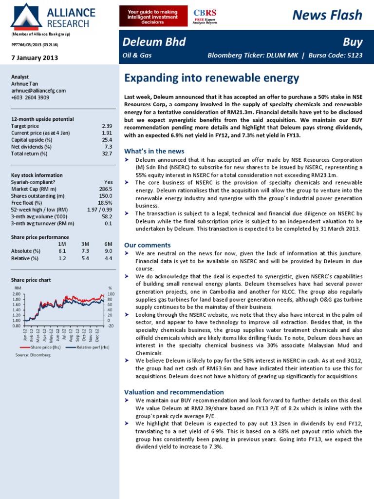 Deleum Berhad's Renewable Energy Venture | PDF | Financial Analyst | Investing